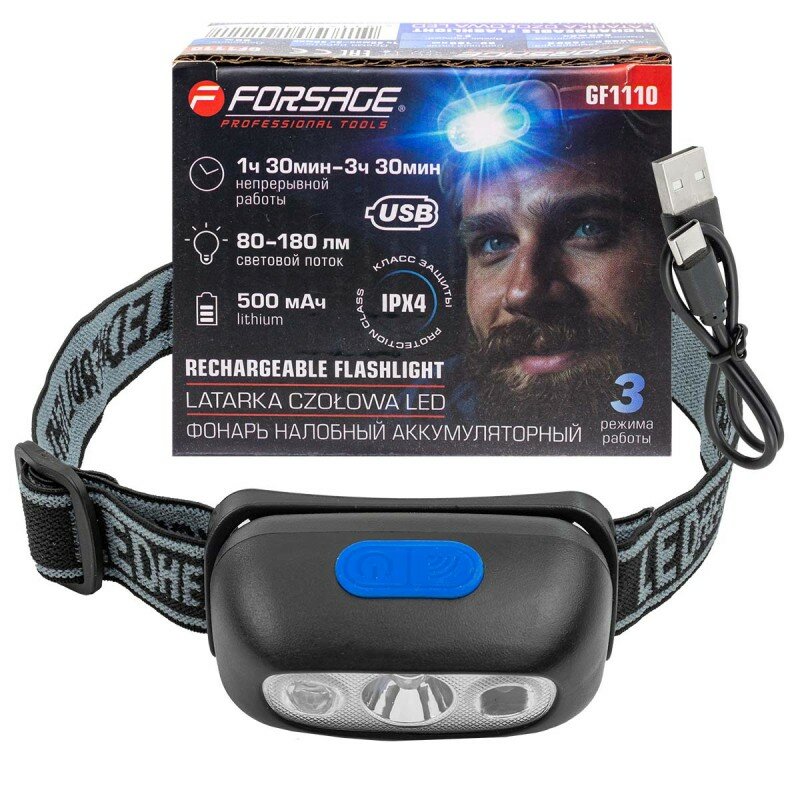 Фонарь светодиодный налобный аккумуляторный с сенсором бесконтактного включения Forsage