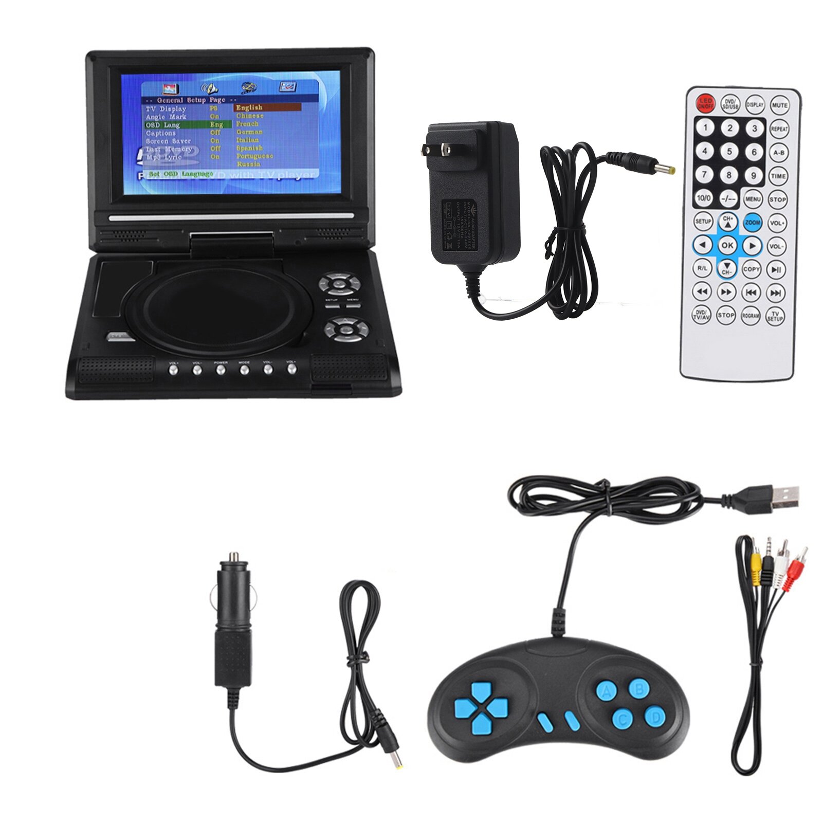 7-дюймовый портативный DVD-плеер с поворотным экраном, перезаряжаемым аккумулятором, автомобильным зарядным устройством и геймпадом.