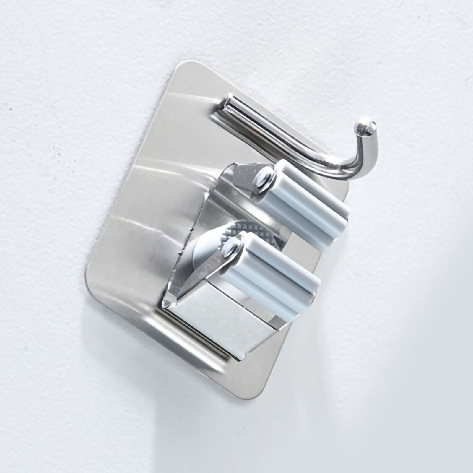 Настенный держатель для швабры из нержавеющей стали, установка без клея, многофункциональный держатель для швабры для ванной комнаты и туалета, большие квадраты, серый, с крючком