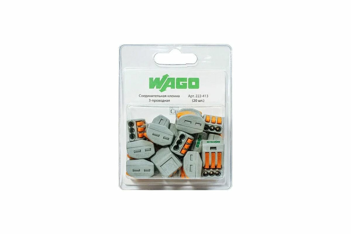 Соединительная клемма WAGO с рычажком 222-413 3-х проводная 0.08-2.5 мм. 400В. 32А без пасты 20 шт. 2531