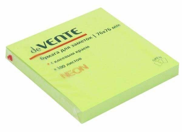 Бумага для заметок deVENTE клеевая, 76х76 мм, 100 листов, неоновая зеленая (2010330)