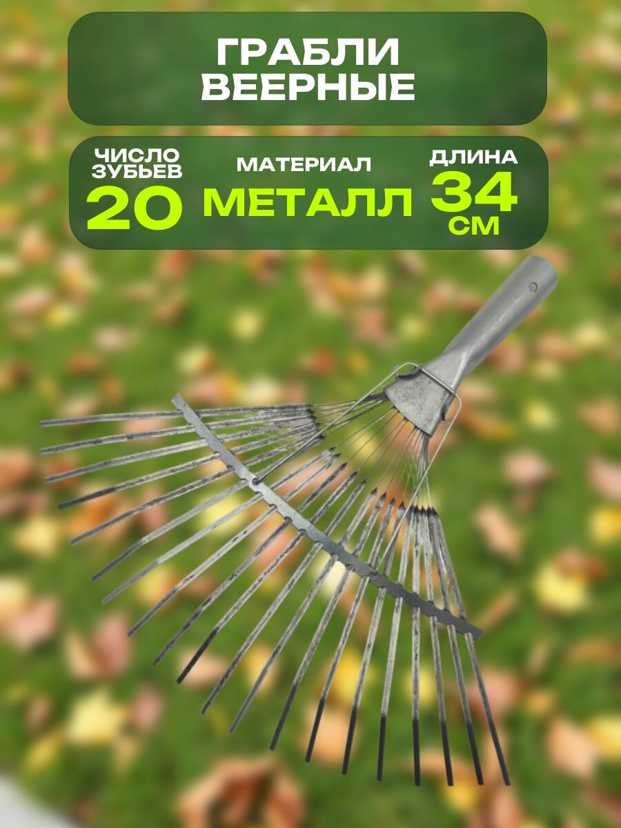 Грабли веерные пластинчатые, 20 зубьев, металлическое основание: для использования на приусадебных участках, огородах для возделывания почвы и удаления сорняков