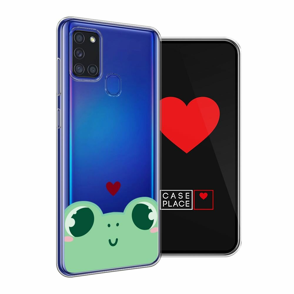 Чехол на Samsung Galaxy A21s / Самсунг Галакси A21s с принтом "Влюблённая лягушка - 14 февраля", прозрачный — фото 1