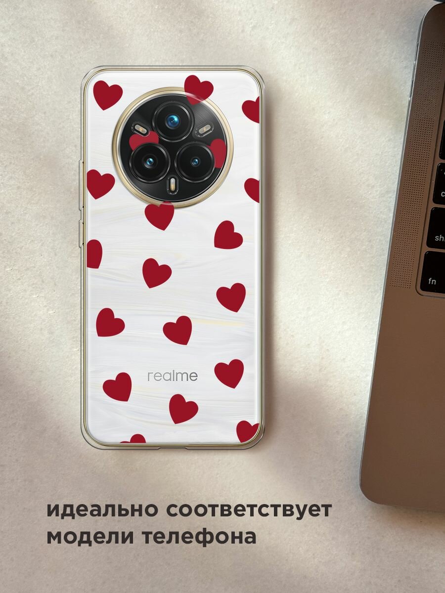 Чехол на Realme 14 Pro+ / Реалми 14 Про+ с принтом "Бордовые сердечки паттерн - 14 февраля", прозрачный — фото 1