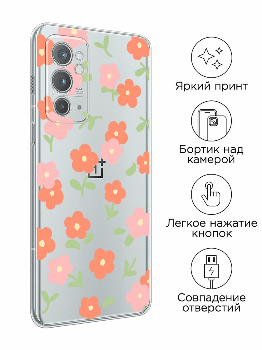 Чехол на OnePlus 9RT / ВанПлас 9RT с принтом "Красные цветочки рисунок", прозрачный — фото 1
