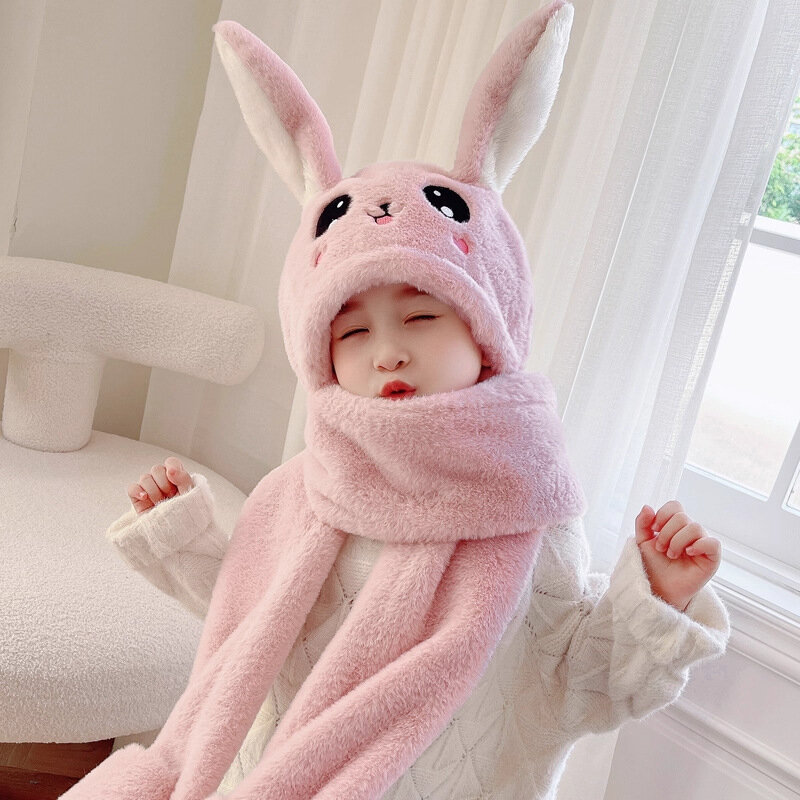 Детская шапка, осенне-зимняя женская шапка и шарф с подвижными ушками кролика, новый милый шарф 2025 года для мальчиков и девочек