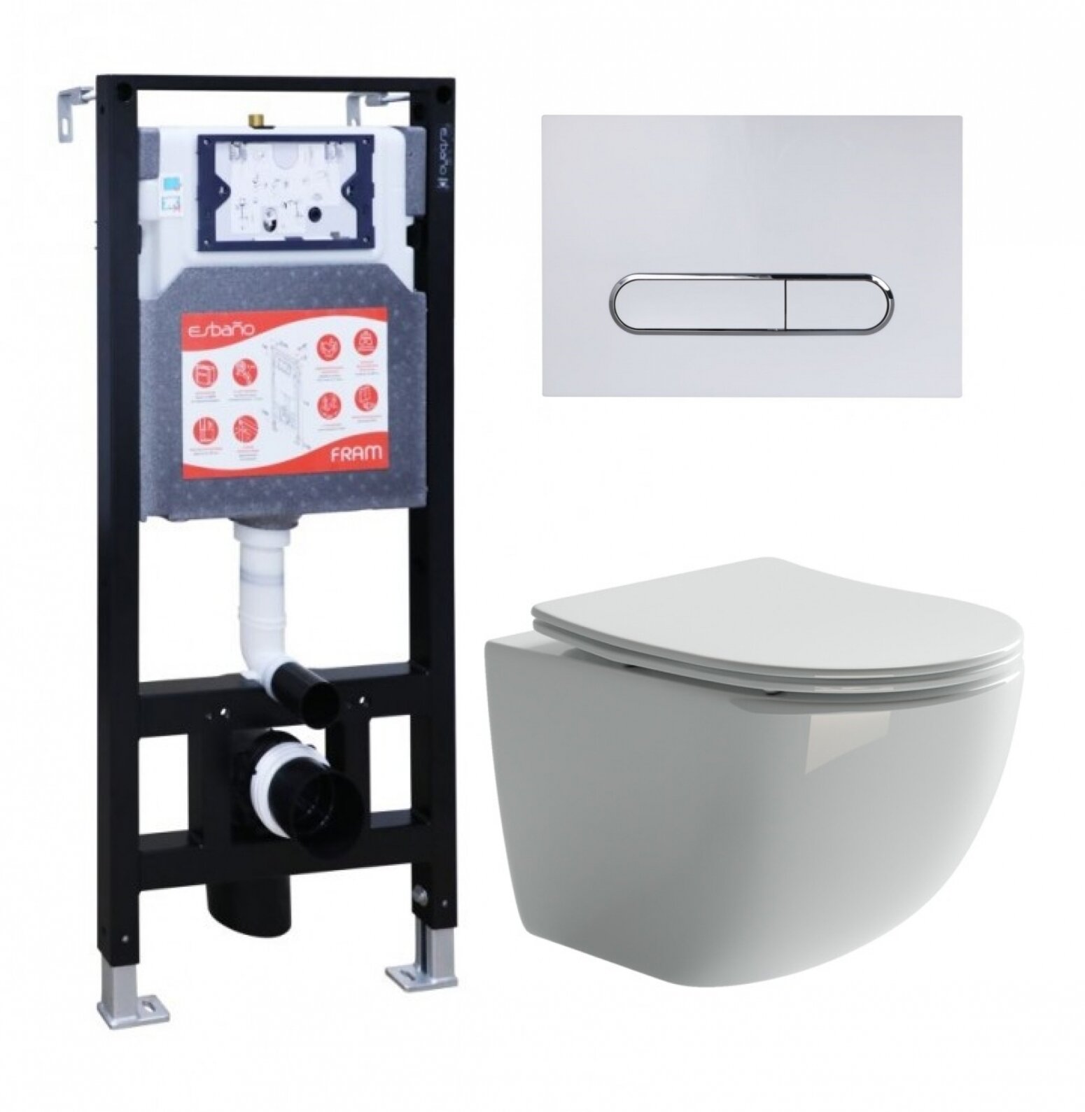 Комплект 3 в 1 инсталляция ESBANO FRAM + Унитаз подвесной Ceramica Nova Forma CN3009 + кнопка белая глянцевая