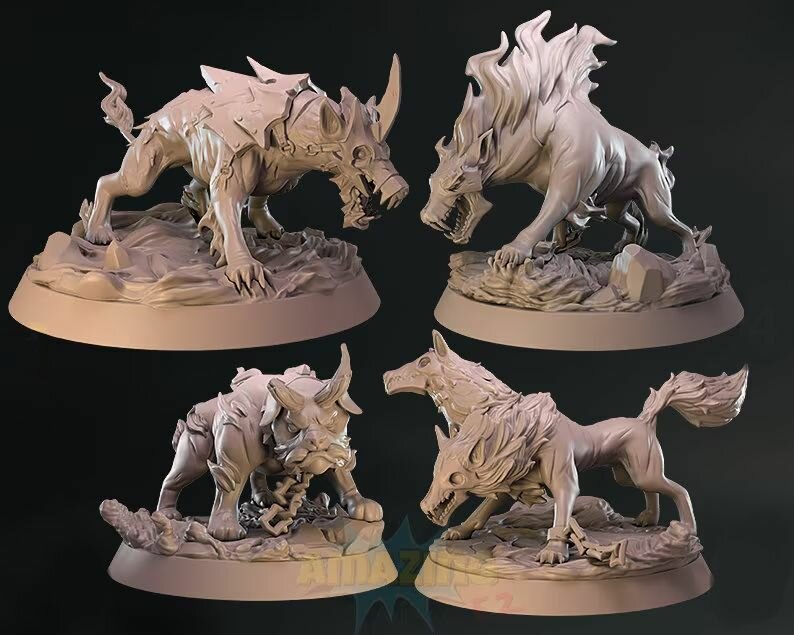 Адская гончая (набор 4шт) (Hell Hound), Пес ада, существо миниатюра для DnD (ДнД), Pathfinder и других Настольных игр (НРИ, Варгеймов или РПГ), фентези тематика