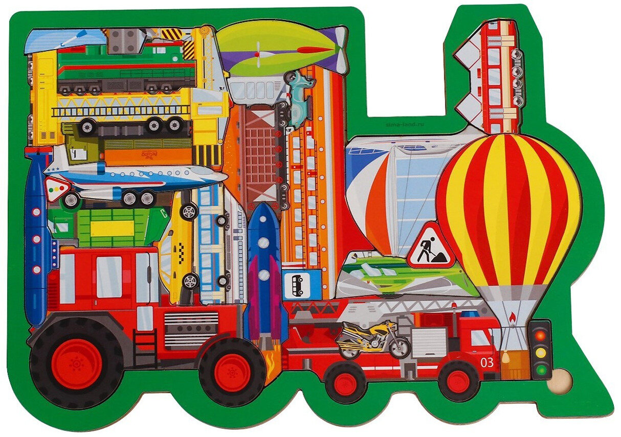 Развивающая игра-головоломка деревянная "Все виды транспорта", фигурный пазл, логическая рамка-вкладыш, развитие логики и мелкой моторики, учим транспорт, 26 деталей