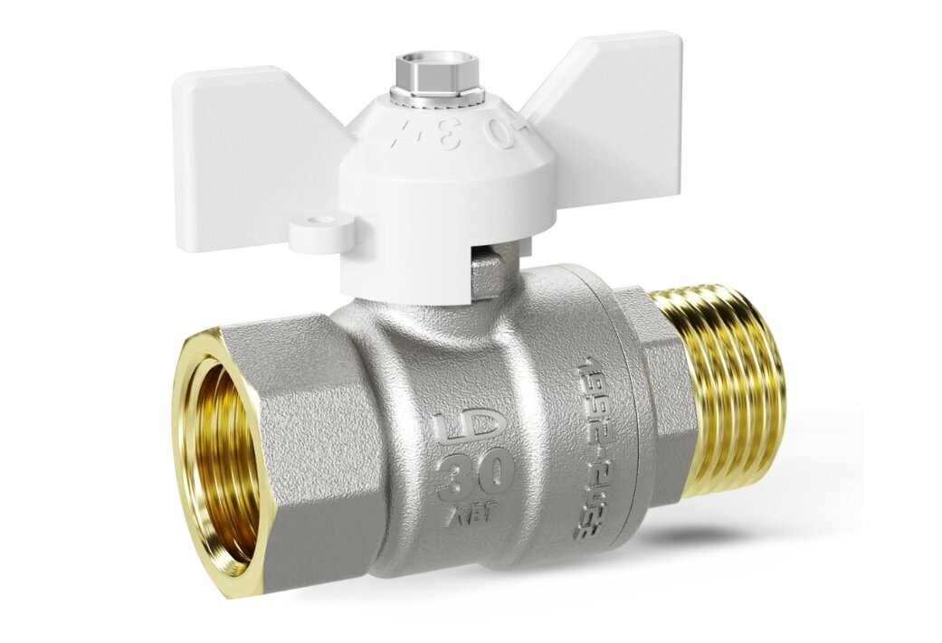 Кран шаровой латунный LD Pride 47.25. В-Н. Б Ду 25 Ру 40 бабочка (white). арт. LD 47.302.25 W