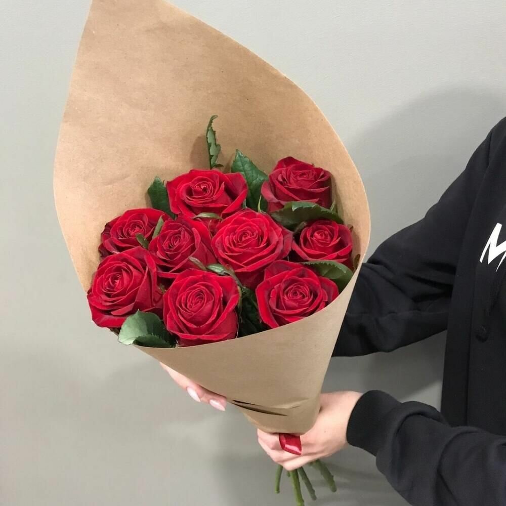 Букет Well-Flowers "Настроение", роза, круглый, красный, 9 цветов, высота 50см, букет свежих цветов