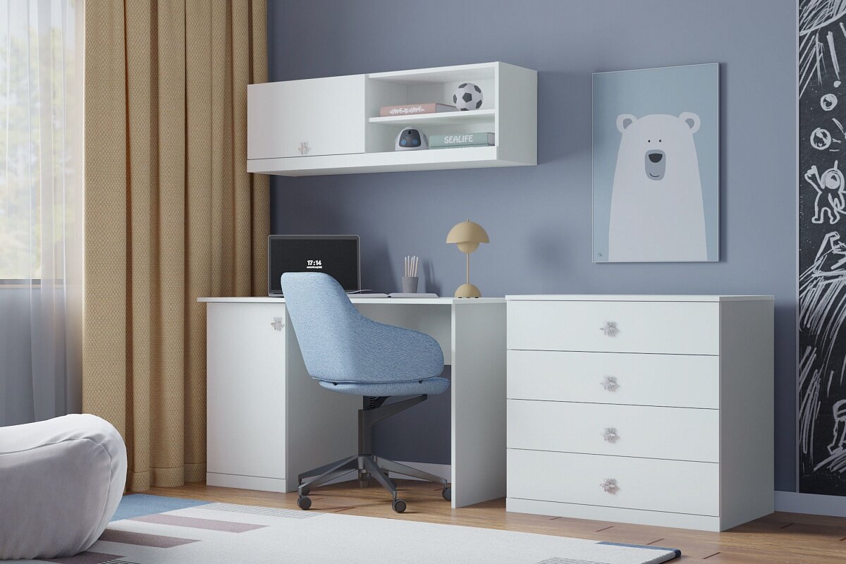 Детская стенка МебельЛэнд24 Скарабей - 8 МДФ Белый 200x60x80 с комодом со столом