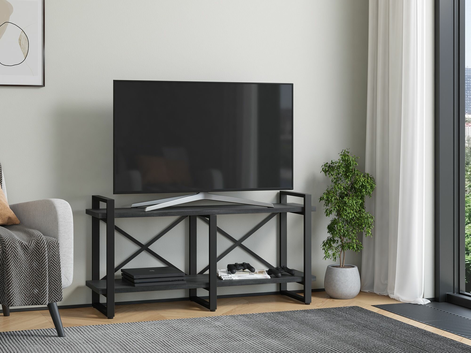 Тумба под ТВ Айсберг Лофт 120 черный/северное дерево темное