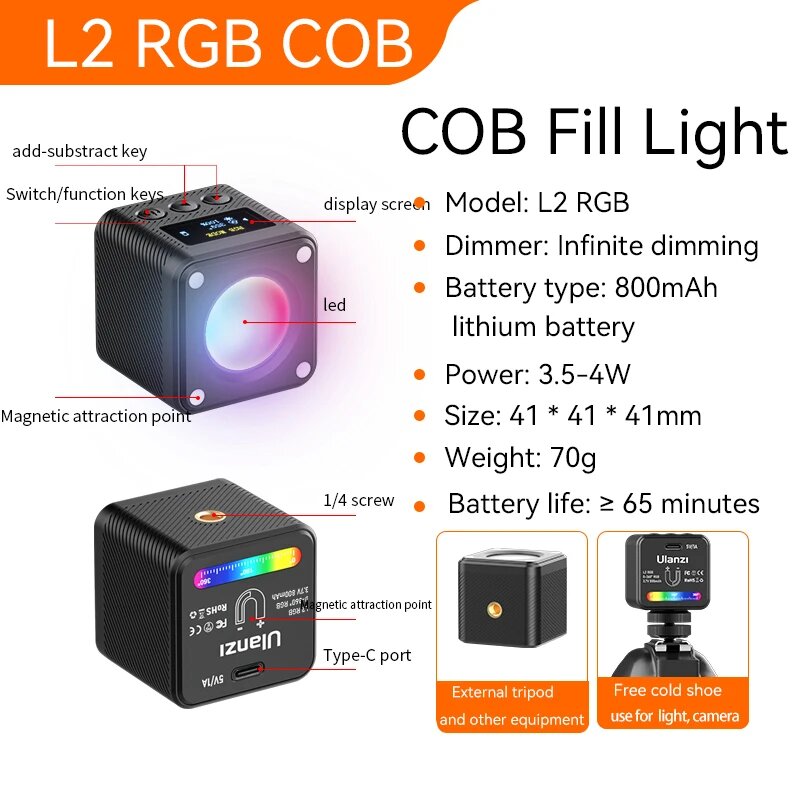 Ulanzi L2 RGB COB Fill Light, 800mAh, 65 минут