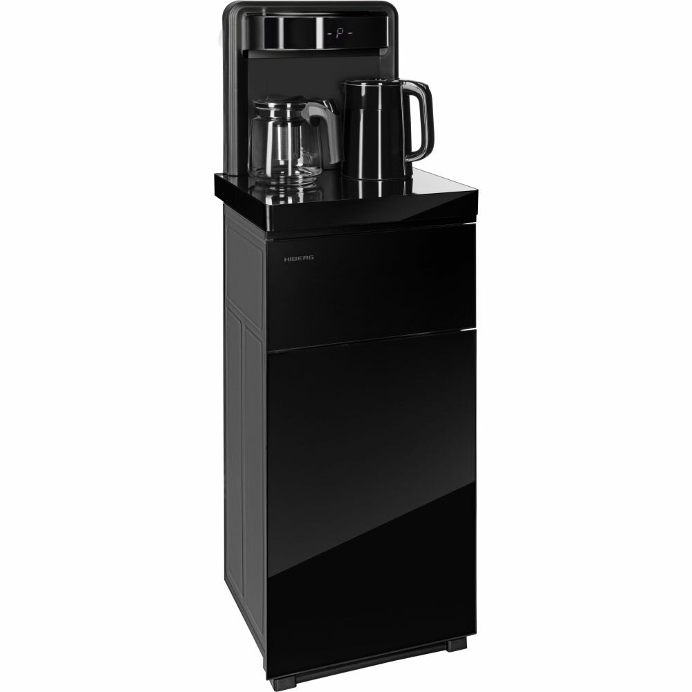 Кулер для воды HIBERG UF 95 B напольный, электронное охлаждение, столешница с двумя чайниками, нижняя загрузка бутыли, сенсорное управление, цвет черное стекло