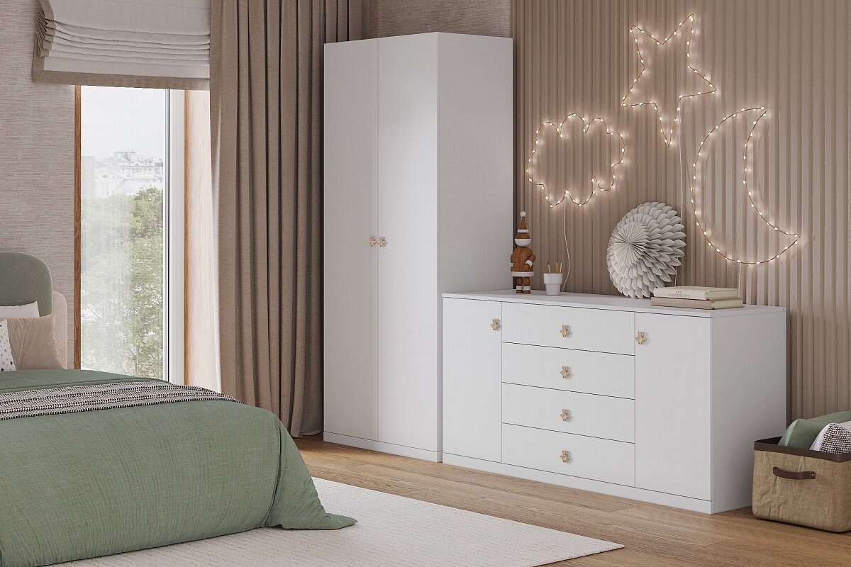Детская стенка МебельЛэнд24 Скарабей Mini - 7 Белый 250x52x210 со шкафом с комодом