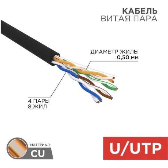 Кабель витая пара Rexant U/UTP 4PR, 24AWG, медь, CAT5e, наружный (outdoor), бухта 305 м (сделан в РФ)