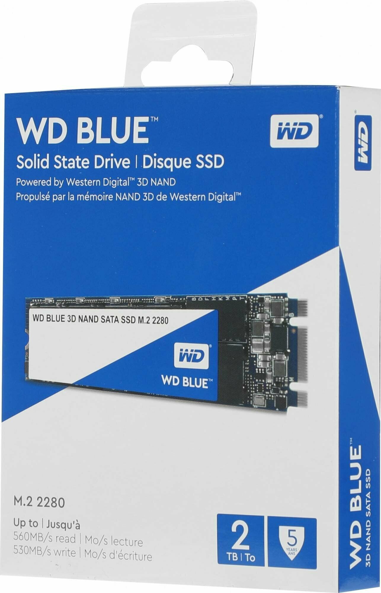 Жесткий диск SSD M.2 2Tb Western Digital BLUE, 560/530MBs, 84000 IOPS, TLC 3D NAND, 2280, SATA-III (WDS200T2B0B)