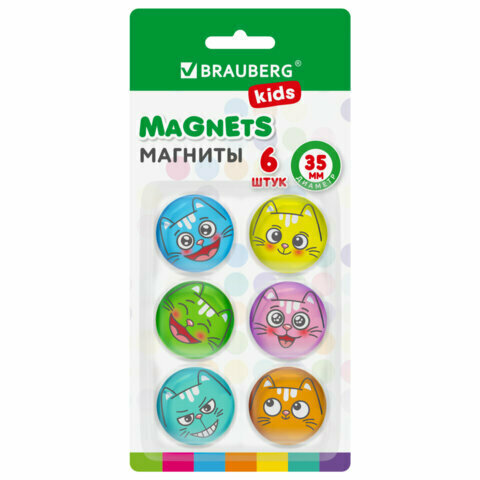Магниты стеклянные 35 мм, набор 6 шт, 3D Коты, BRAUBERG KIDS, круглые, блистер, 272516
