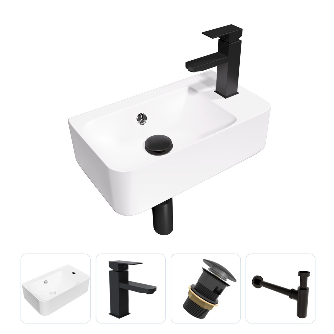 Раковина подвесная для ванной Teymi Hanna 45 правая в комплекте смеситель черный матовый донный клапан клик-клак с переливом черный и сифон черный F13132