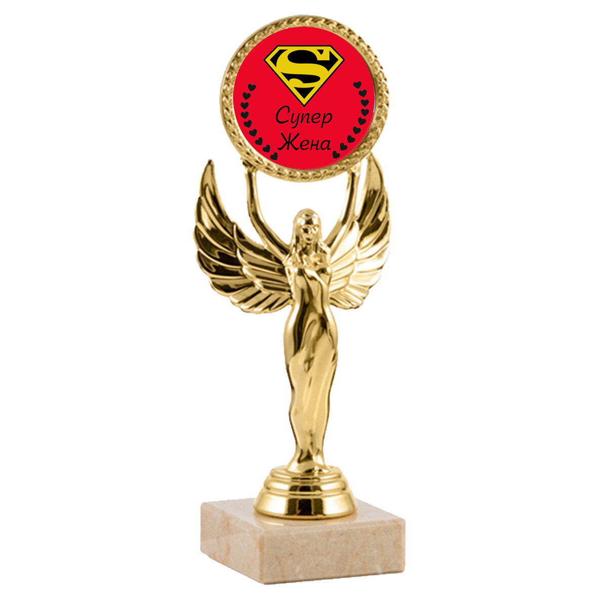 Приз Ника "Супер жена " поздравительный из позолоченного пластика и натурального камня