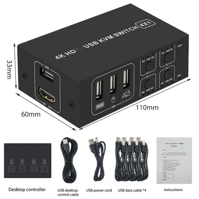 4K 60 Гц HDMI KVM-переключатель 4x1 HDMI USB KVM-переключатель 4 в 1 выход с поддержкой настольного контроллера 4 монитора Мышь Клавиатура ПК Ноутбук