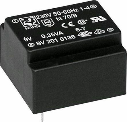 Трансформатор HAHN BV 201 0146 залитый 0,35ВА 230ВAC 12В 12В 15мА 15мА 25г 1 шт