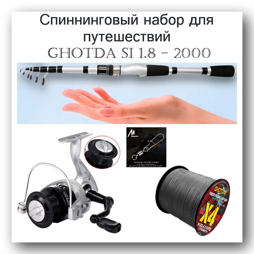 Готовый набор для рыбалки, спиннинг телескопический комплект с катушкой плетеным шнуром и карабином, трэвел - спиннинг.