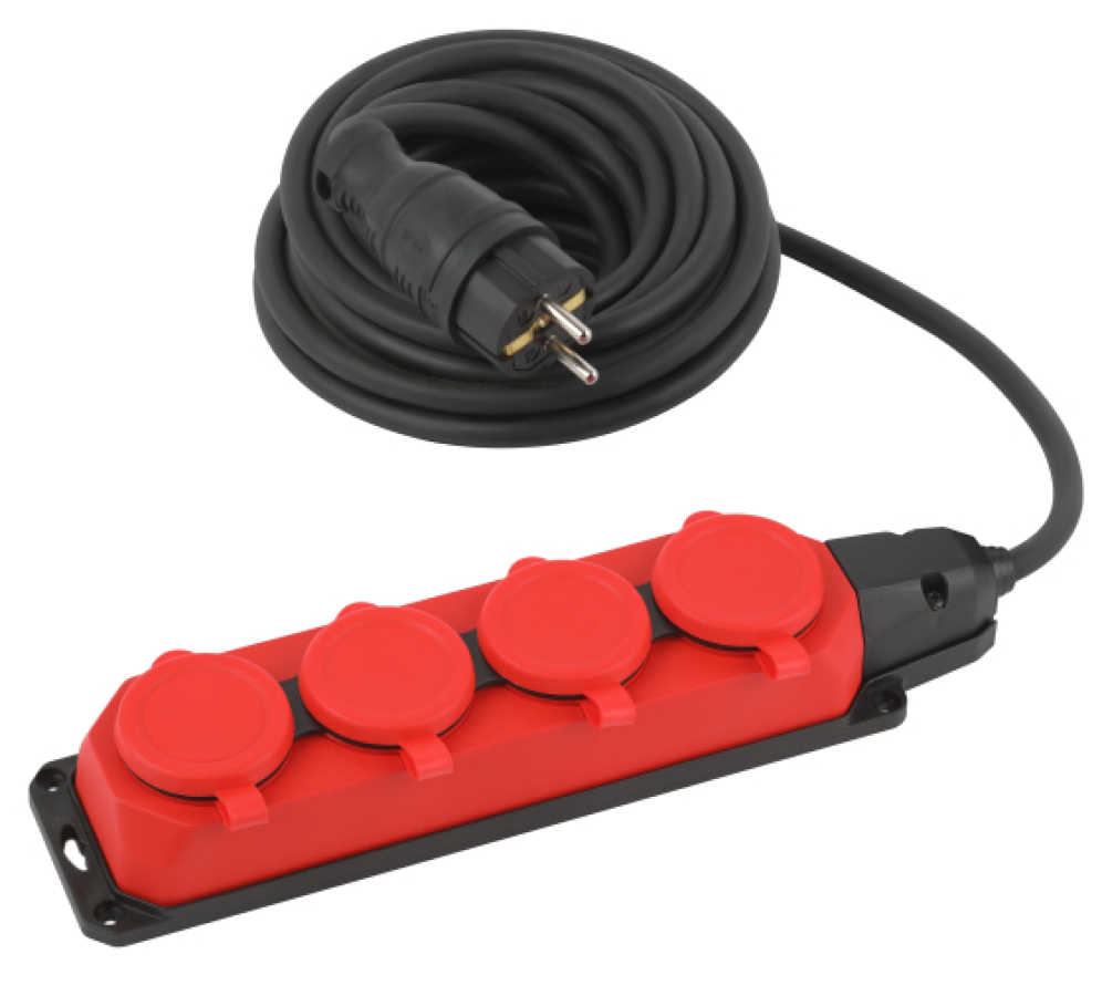 Удлинитель шнур силовой ЭРА UK-4e-3x1,5-5m-IP44(KG) с заземлением, провод КГ 3х1.5мм2 черный из каучука, 4 штепсельных гнезда 5м, Б0057585 / электрика