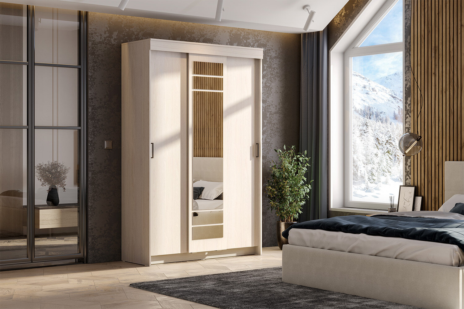 Шкаф-купе двух дверный, серия ШКП 7, с зеркальной панелью, полками и вешалом, 130*50*202 см, цвет Дуб Золотой/Белый