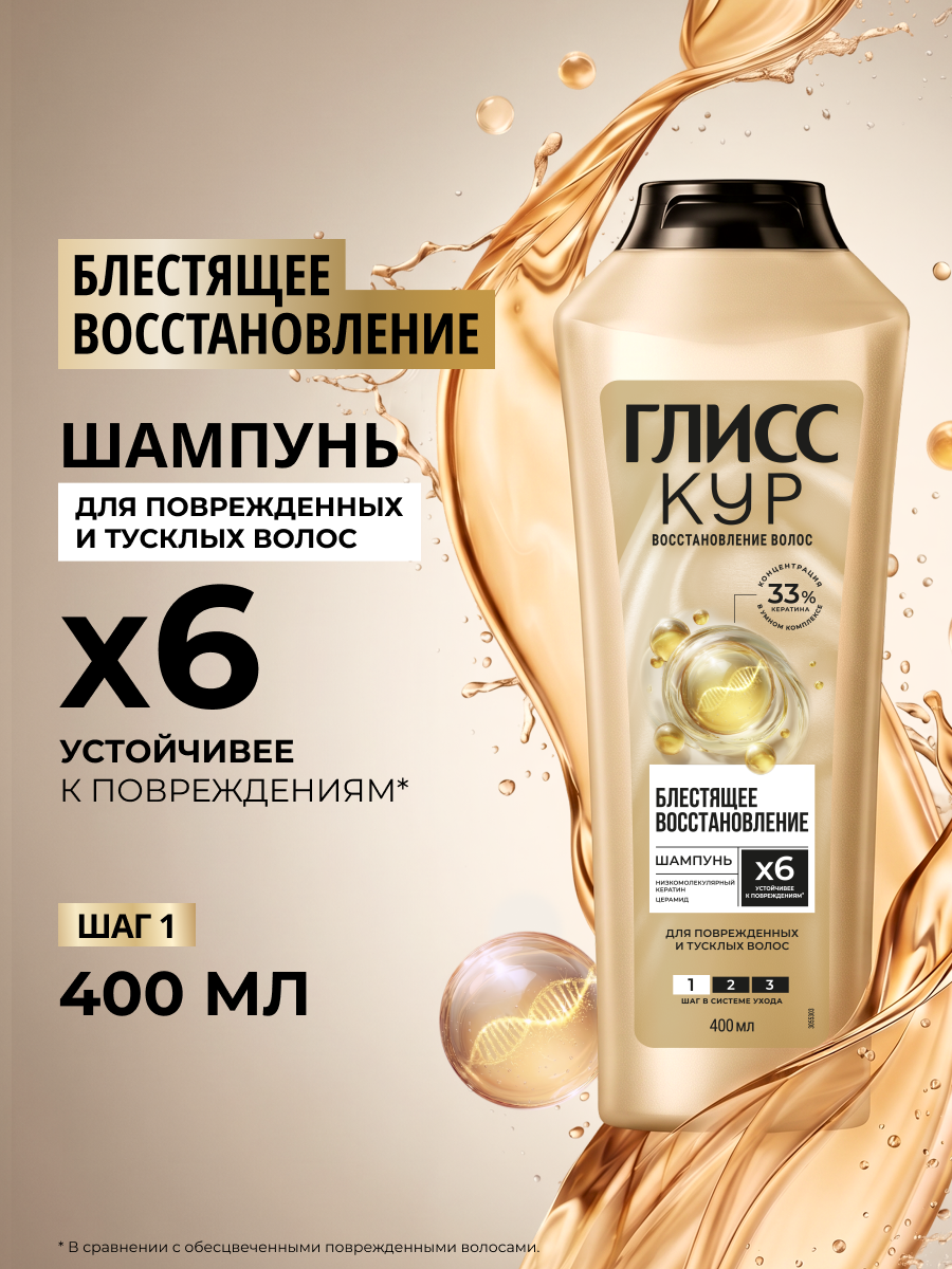 Шампунь для волос женский Глисс Кур Блестящее восстановление, для поврежденных и тусклых волос, с кератином, 400 мл