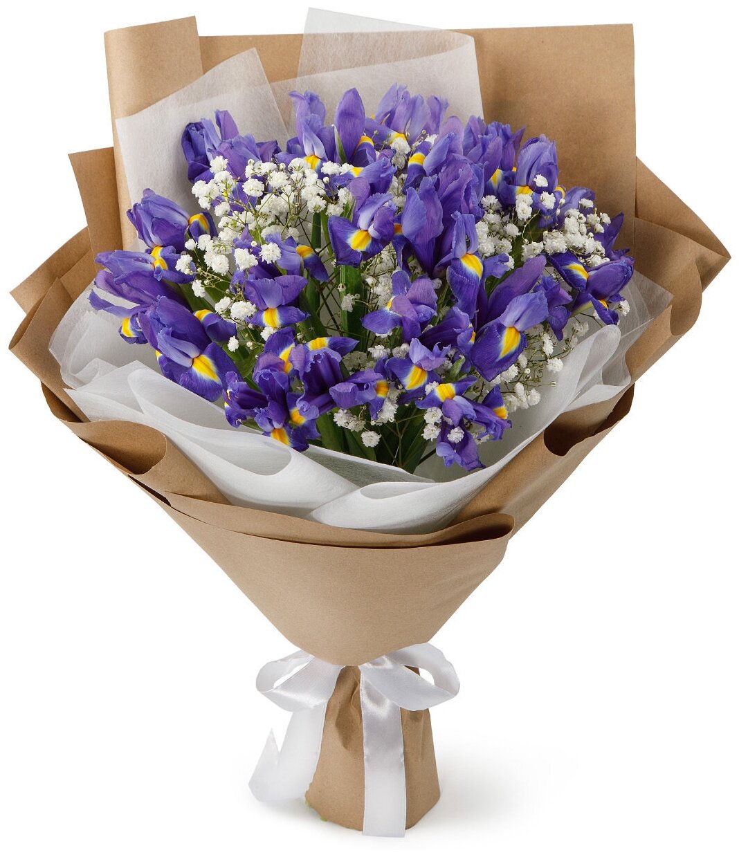 Букет СоюзЦветТорг Летняя Пора, собран из ирисов и гипсофилы, с упаковкой крафт , высота букета 40 см