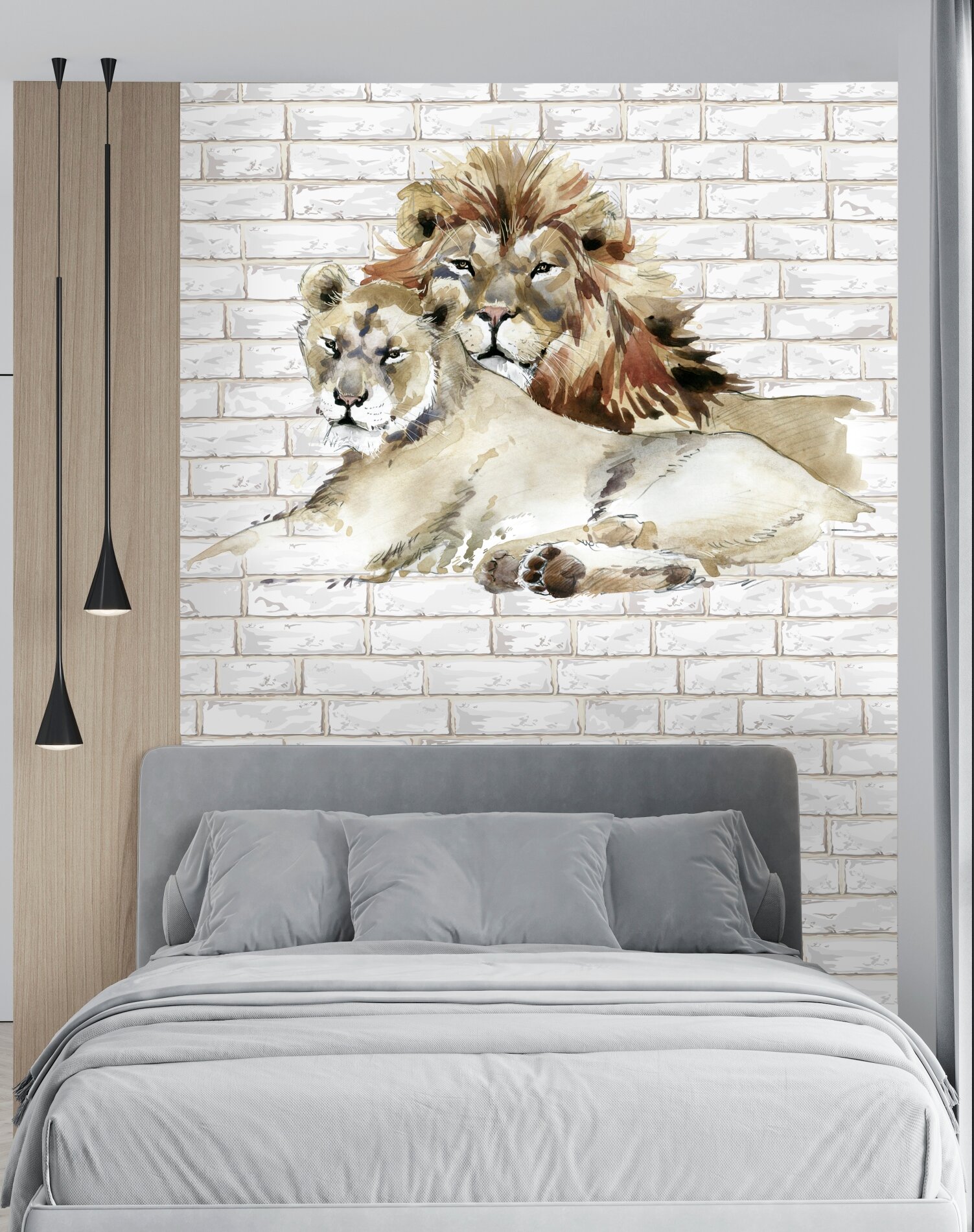 Фотообои "Пара львов на фоне кирпичной стены" 200*260 см для спальни, кухни, гостиной