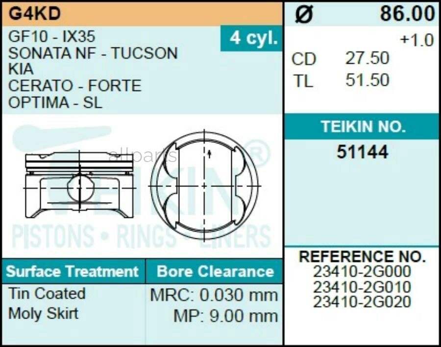 TEIKIN 51144STD к-кт поршней! STD (4 шт.)\ Hyundai ix35/Sonata 09>
