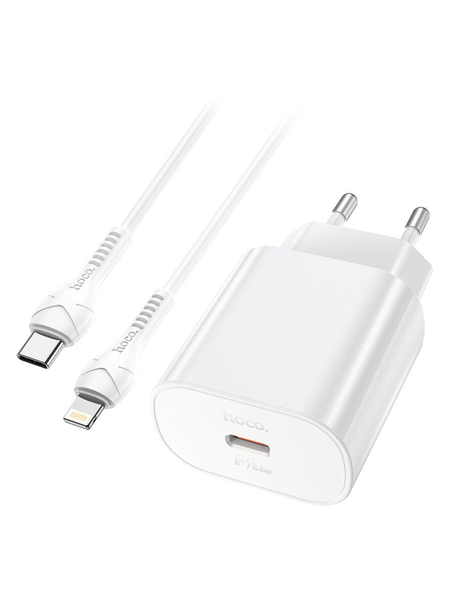Сетевое зарядное устройство Type-C Hoco N22 (25W, QC3.0, PD, кабель Type-C-Lightning) (белое)
