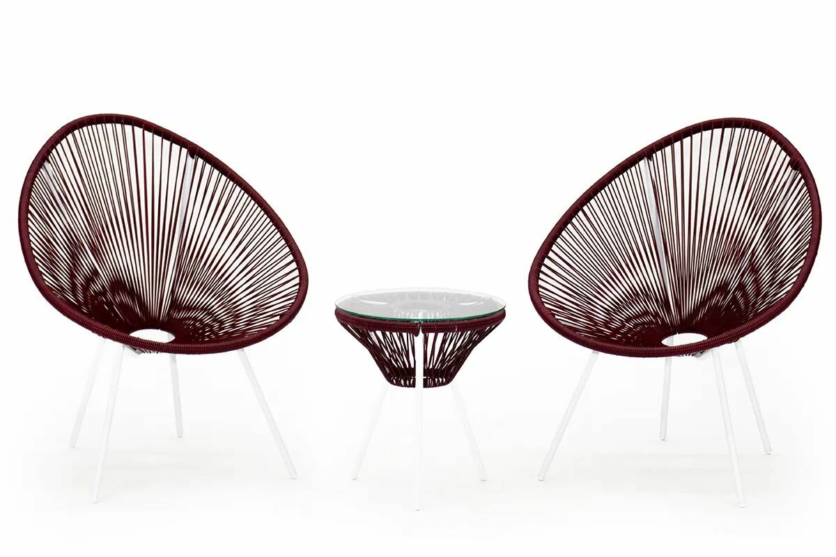 Комплект плетеной мебели KORNERA "Акапулько" на 2 персоны, каркас белый, искусственный ротанг винный