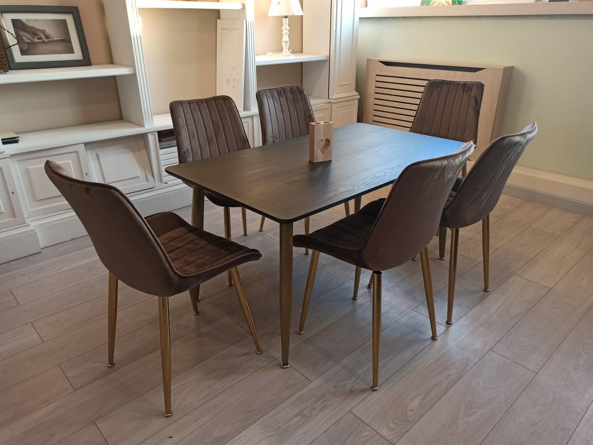 Обеденный комплект стол фаворит “FAVORITE” черный + 6 коричневых стульев седия “SEDIA”