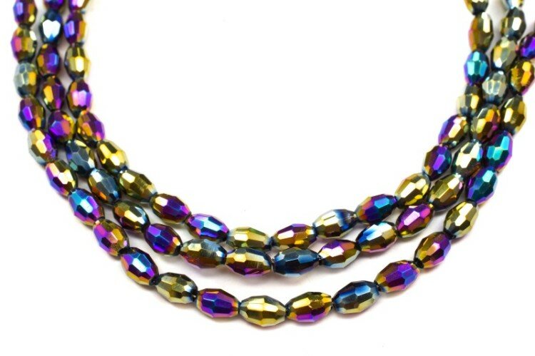 Бусина стеклянная граненая овальная 6х4мм, цвет разноцветный перелив, 547-020, 1 нить (около 37см, около 60шт)