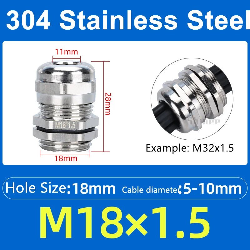 Водонепроницаемый кабельный ввод из нержавеющей стали 304 IP68 PG7 PG9 M12 M16 M18x1.5 fit 6-10mm