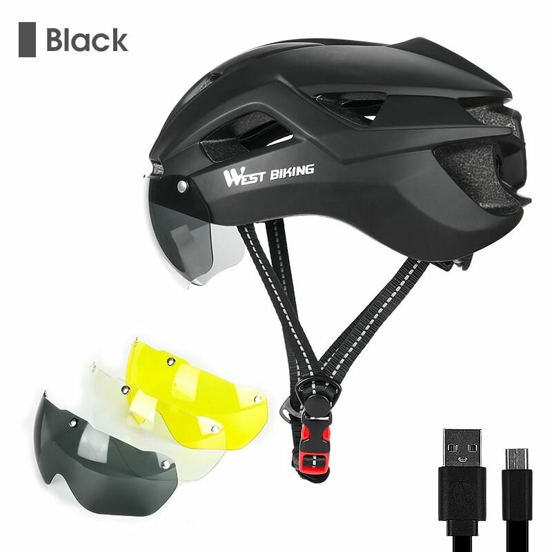Шлем для велосипедиста West Biking чёрный с задним фонарём + 3 визора в комплекте