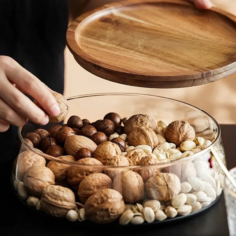 Конфетница с деревянной крышкой 1000 мл стильная и практичная емкость для хранения сладостей, орехов и печенья