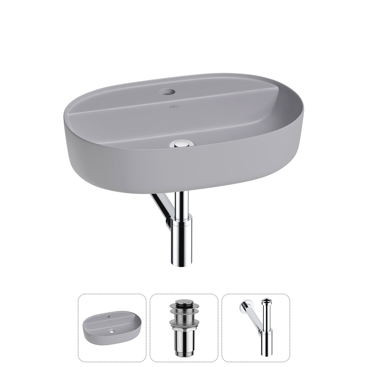 Накладная раковина в ванную комнату Wellsee Chic Riviera 20214908R в наборе 3 в 1: раковина 60 см в цвете матовый серый, донный клапан, сифон