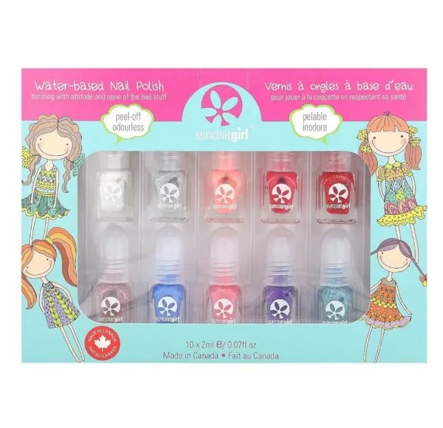SuncoatGirl, Nail Polish Kit, Набор лаков для ногтей на водной основе для девочек Flare Fancy, пилочка и лист наклеек, 12 шт.