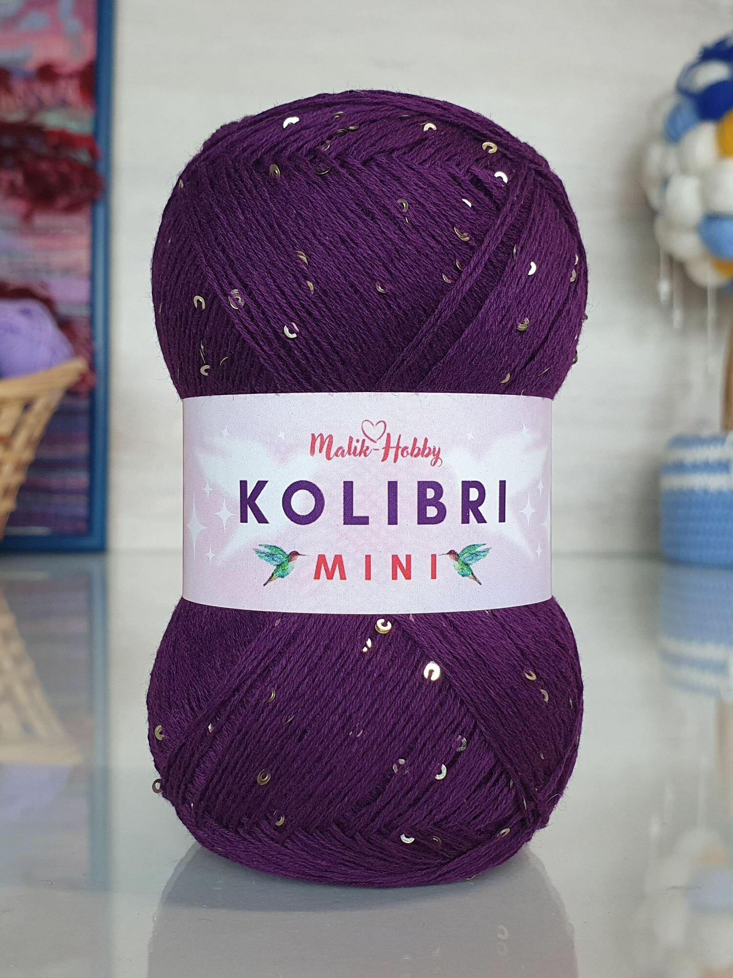 Пряжа MALIK HOBBY Колибри мини, фиолетовый с золотыми пайетками - 003, 95% хлопок, 5% пайетки, 2 мотка, 50 г, 425 м.