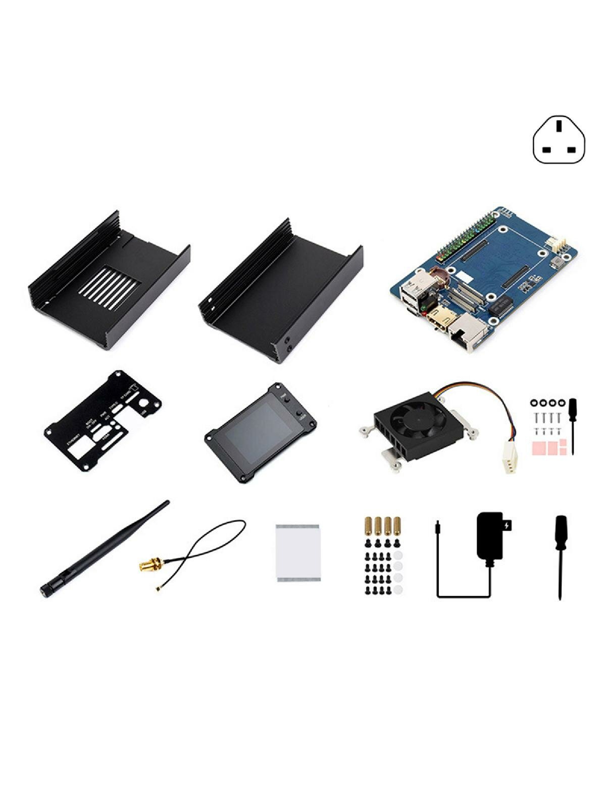 For RPi Compute Module 4 NAS Host Networking Storage Server Double SATA Slots 2 Inch Screen Aluminum Case Antenna Power