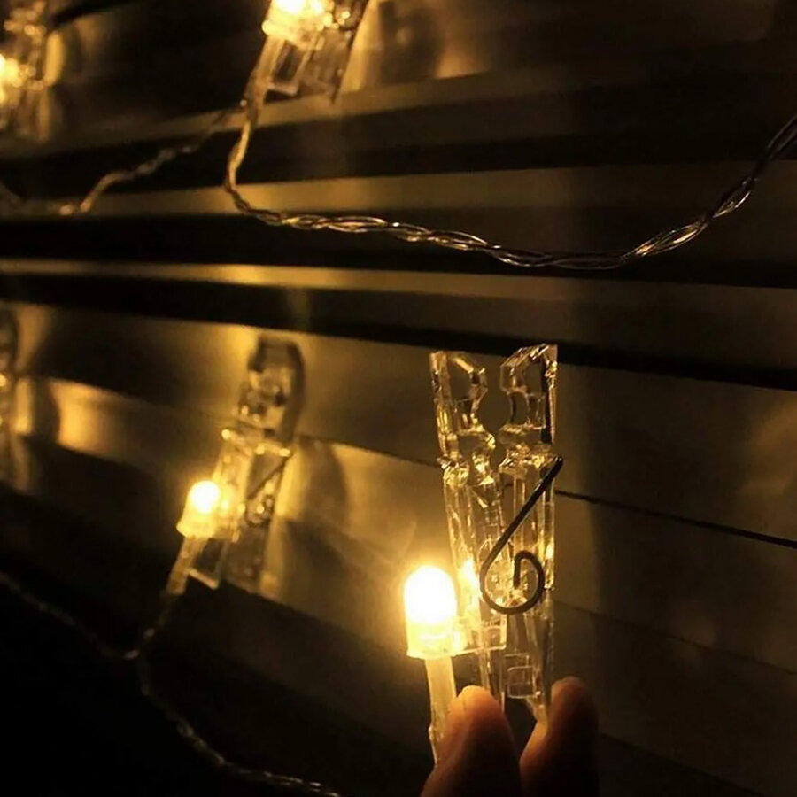 Гирлянда с прищепками 6м 40 ламп Теплый свет на батарейках