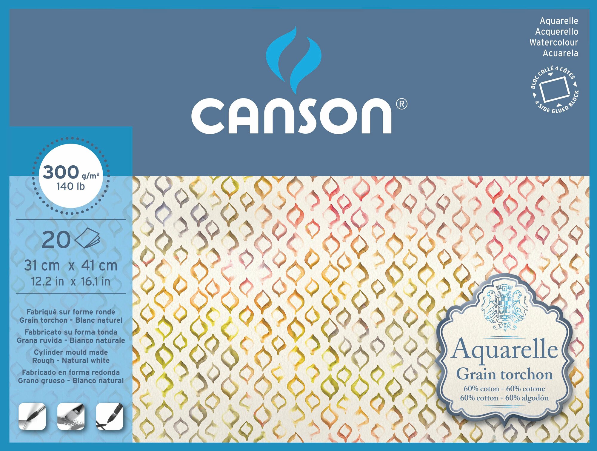 Бумага для акварели Canson CP Torchon C400106444, A3, 300 г/м², склейка, 20 шт