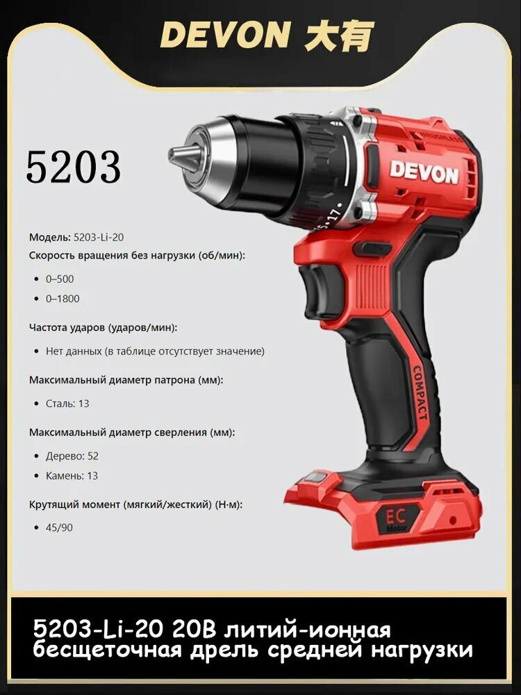 DEVON Зарядное ручное электрическое сверло 5203 Безщеточная ударная литиево - электрическая отвертка, только для высококрутящего момента фюзеляжа