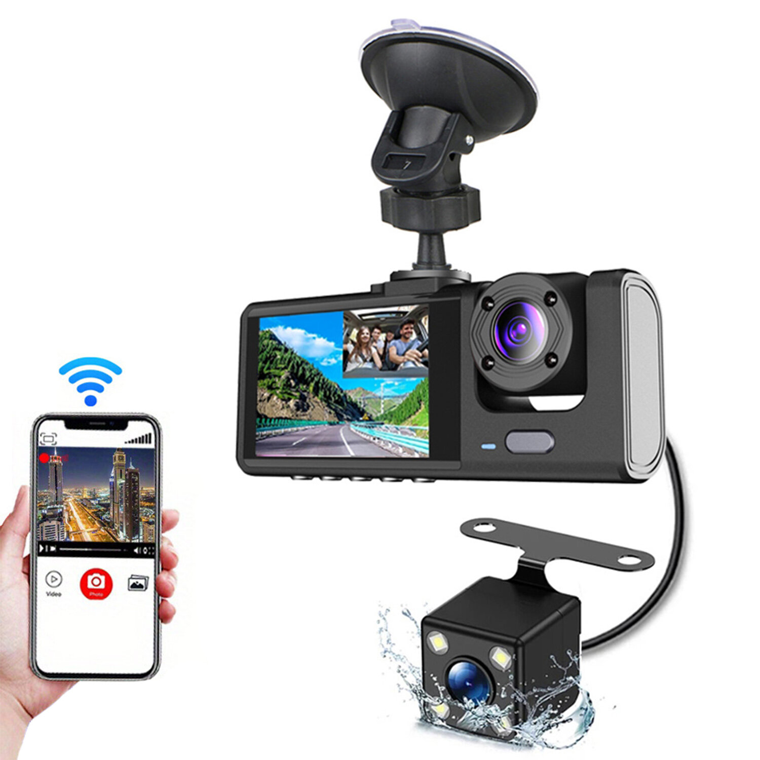 Dash Cam с передней, задней и внутренней камерами 3 Камеры 1080P+720P+480p Зеркало заднего вида для автомобиля Видеозапись Камкордер Ночное видение Автомобильная камера Запись Детектор безопасности вождения Автомобильный Детектор безопасного вождения