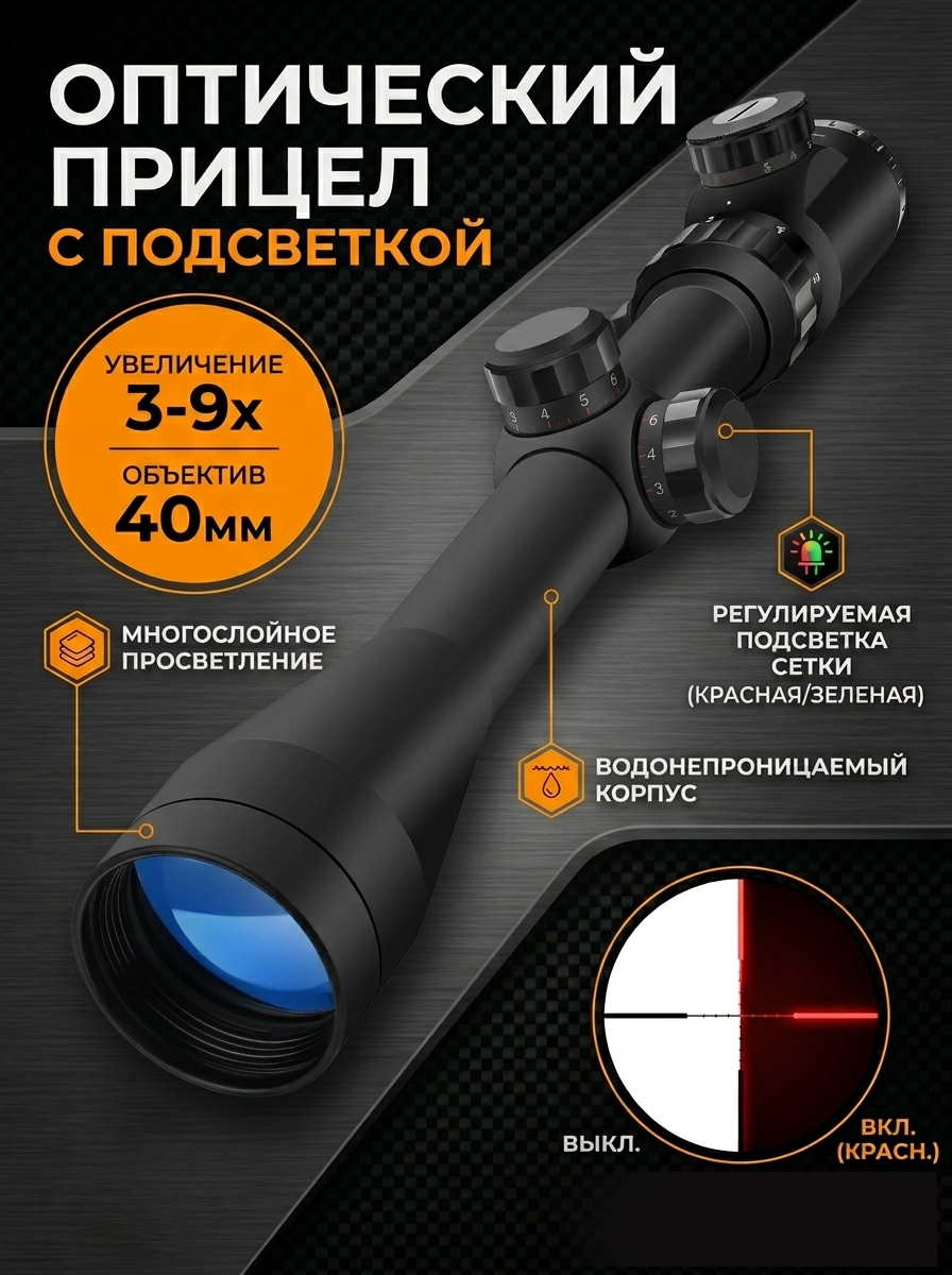 Оптический прицел 3-9x40 с подсветкой для охоты и пневматики